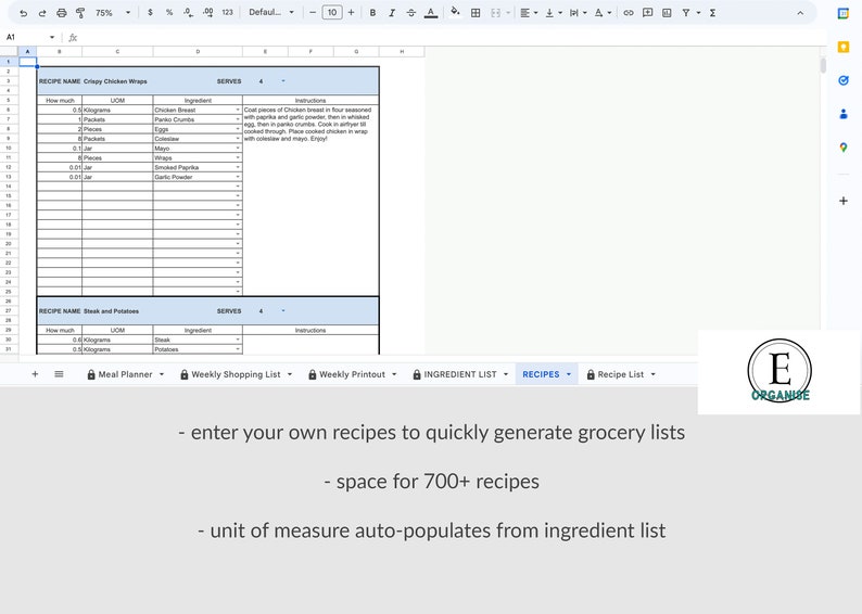 Weekly Meal Planner With Cute Auto Printout Google Sheet Spreadsheet ...