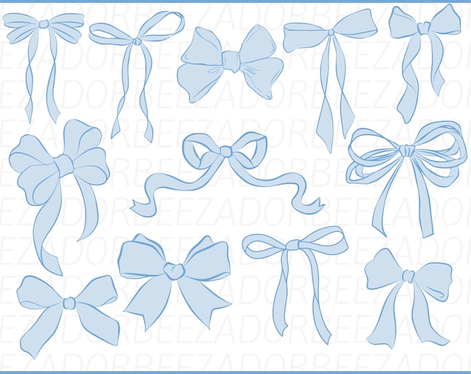 Blue Ribbon Bow Clipart Bundle: Hand-drawn Vintage Illustrations (SVG ...