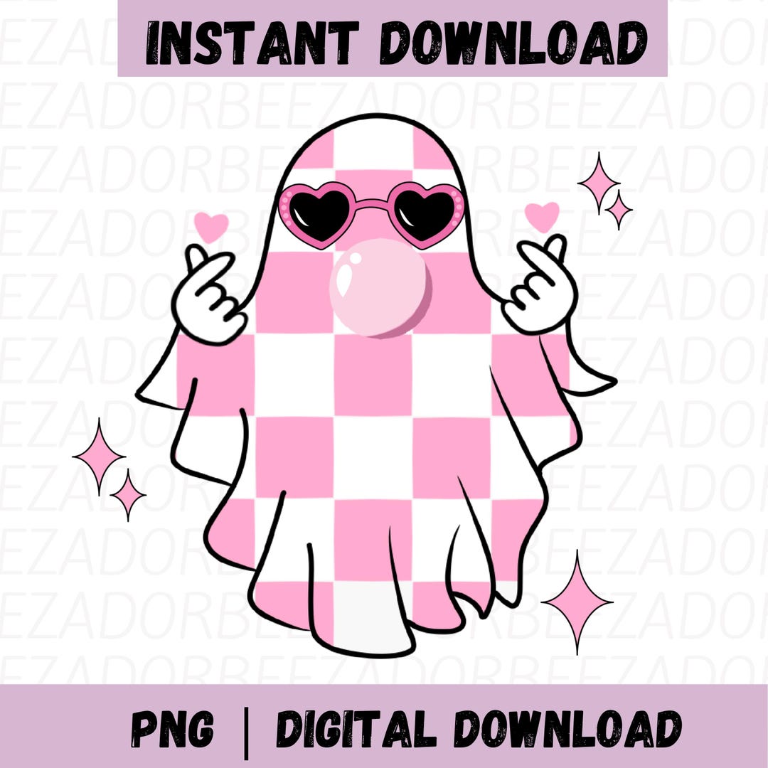 Pink Checkered Ghost Blowing Bubble Gum PNG | Halloween Trendy Ghost PNG | Pink Girlie Ghost PNG ...