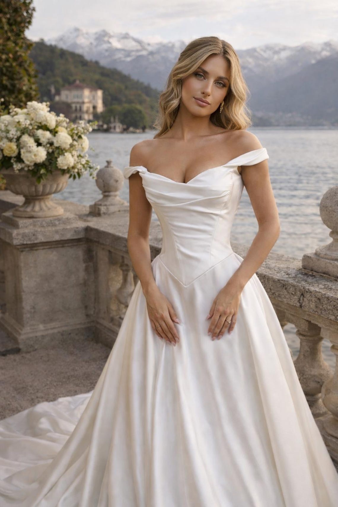 Elegant Satin Wedding Dress With Basque Waist – off the Shoulder Bridal ...
