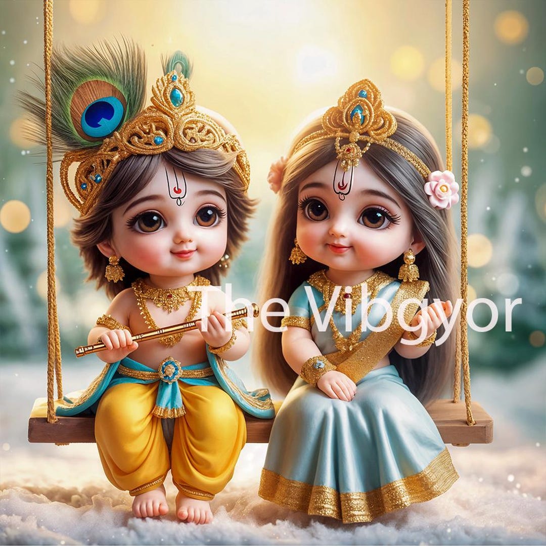 Baby Radha & Krishna | Radha and Krishna Swinging on a Swing | Spiritual Home Art | Snowy ...