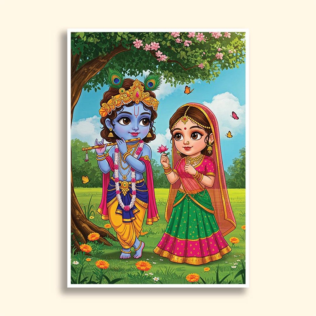 Radha Krishna Cartoon Art Print: Vrindavan Garden Decor (digital ...