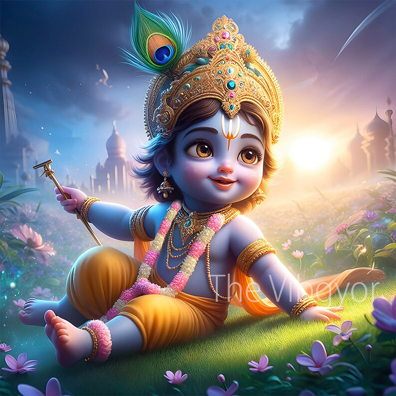 Heavenly Toddler Krishna: Divine Baby God Playing in Field Digital Art ...