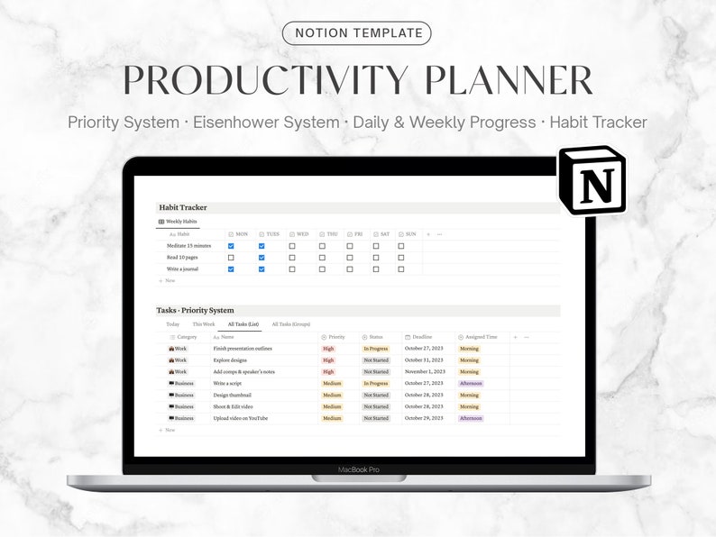 Notion Productivity Planner, Task Management Template, Time Management, Notion Dashboard ...