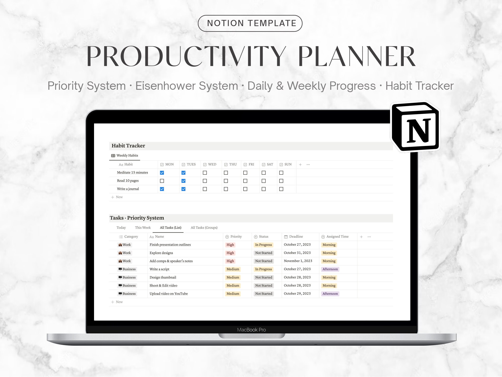 Notion Productivity Planner, Task Management Template, Time Management ...