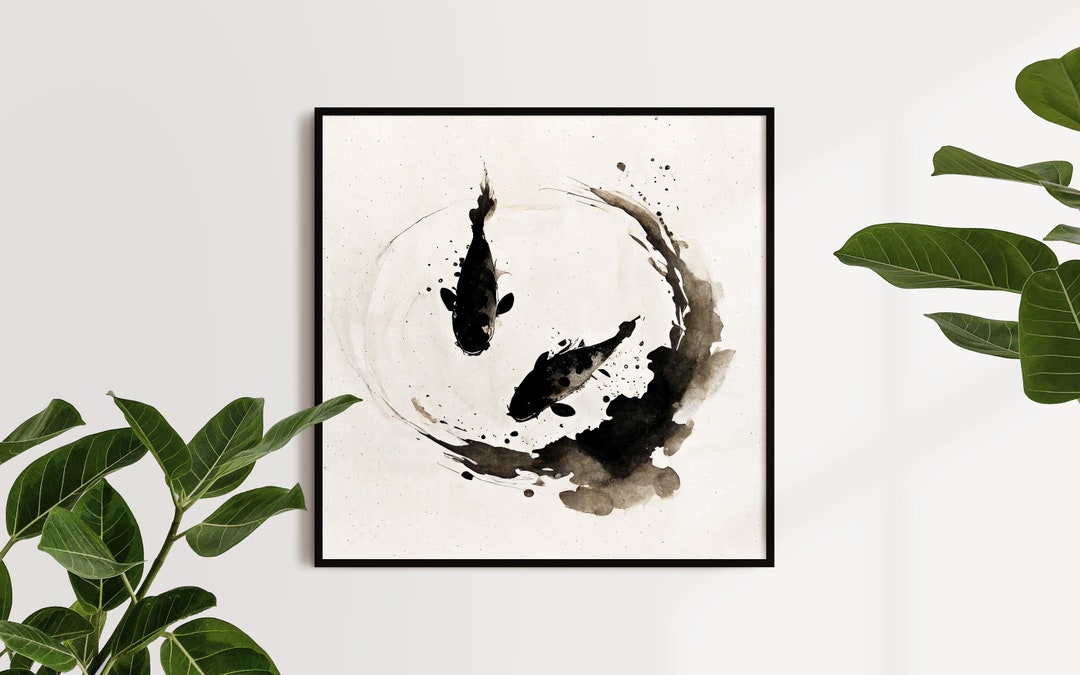 Japanese Ink Koi Pond Painting | Sumi-e Koi Wall Art | Minimal Japanese ...
