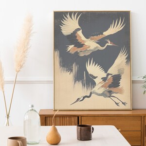 Japanese Crane Wall Art | Japanese Inspired Flying Cranes Print | Bird Painting | Vintage Style ...