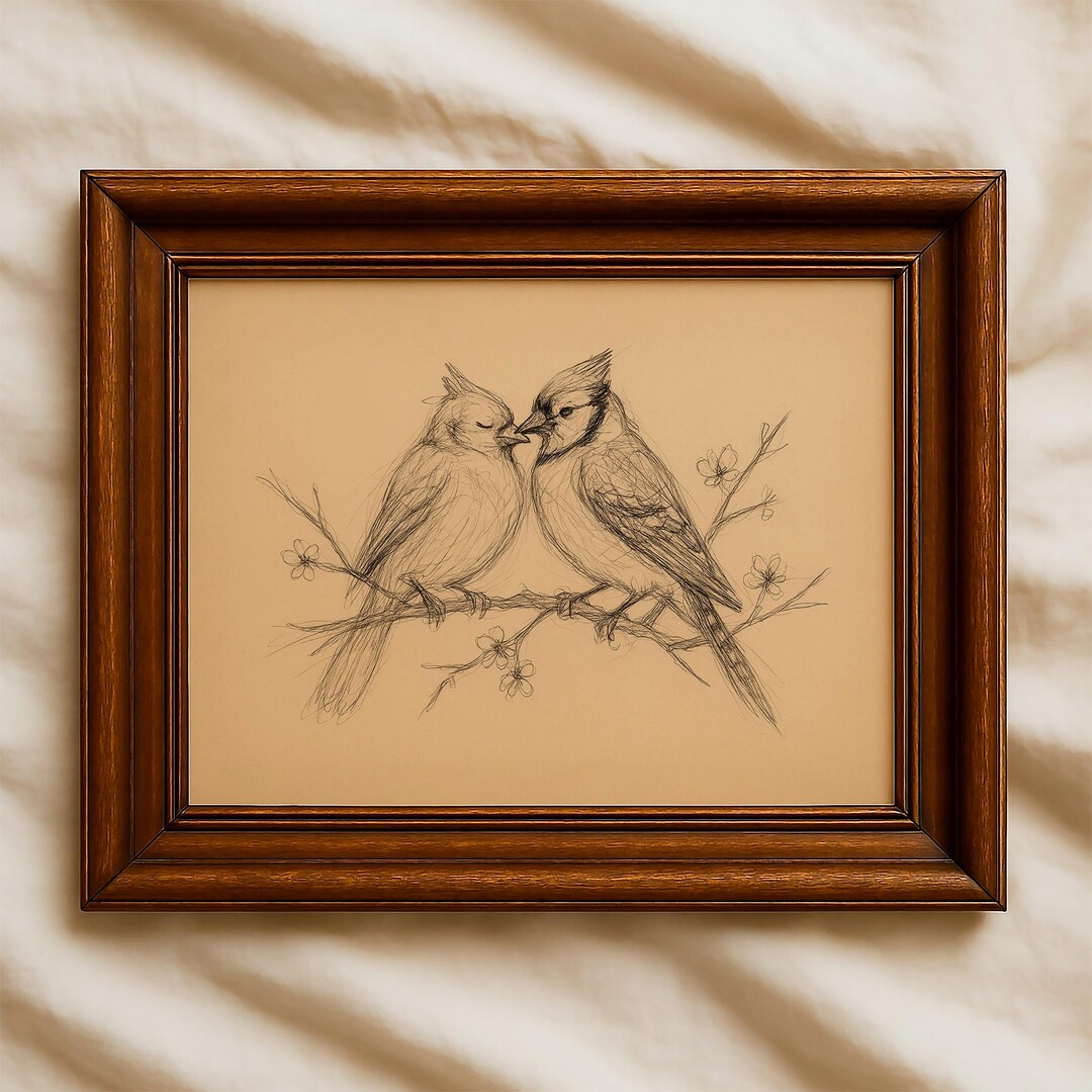 Blue Jays in Love Bird Sketch Wall Art Vintage Spring Line Art Drawing ...