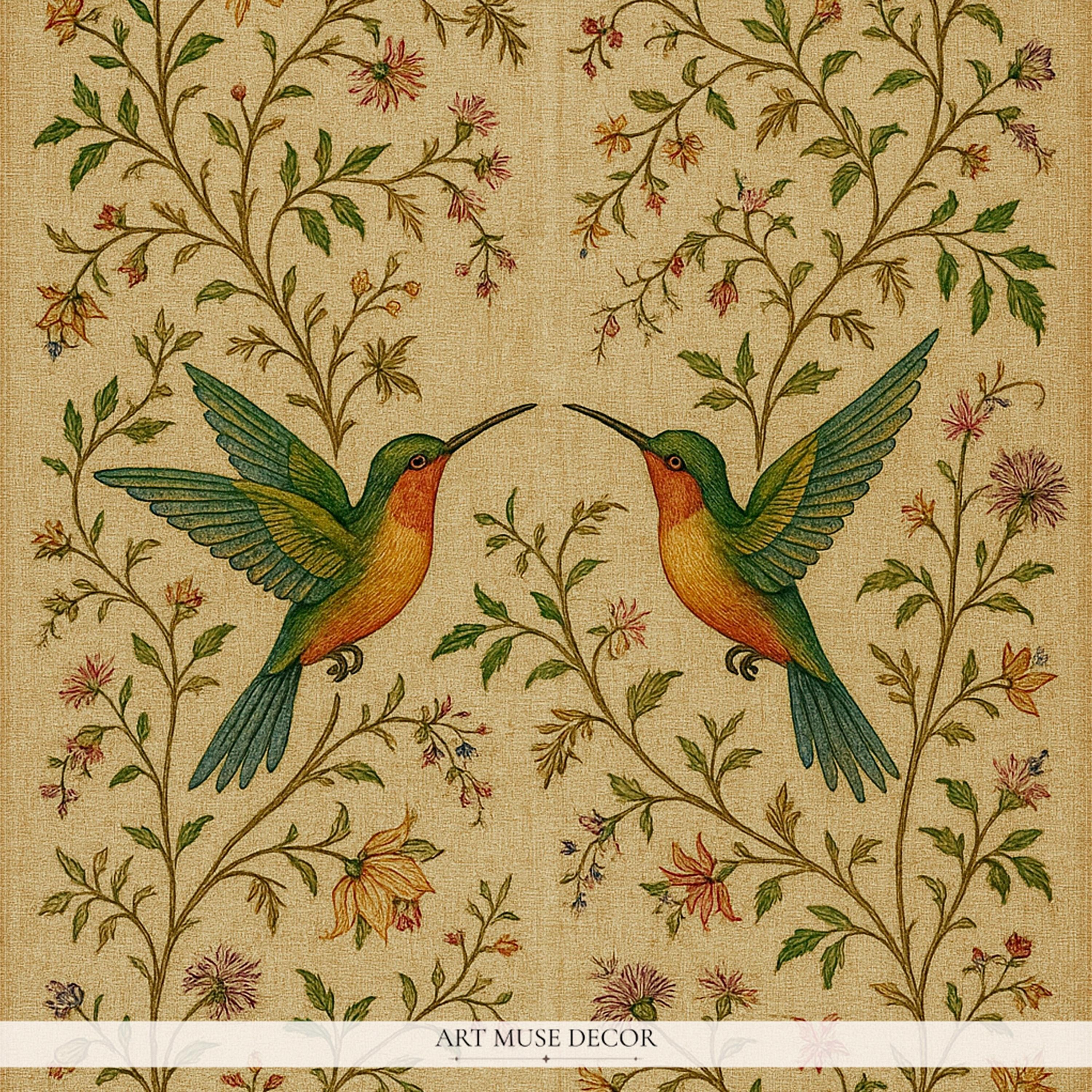 Vintage Hummingbird Tapestry Print: Botanical Folk Art Wall Hanging - Etsy