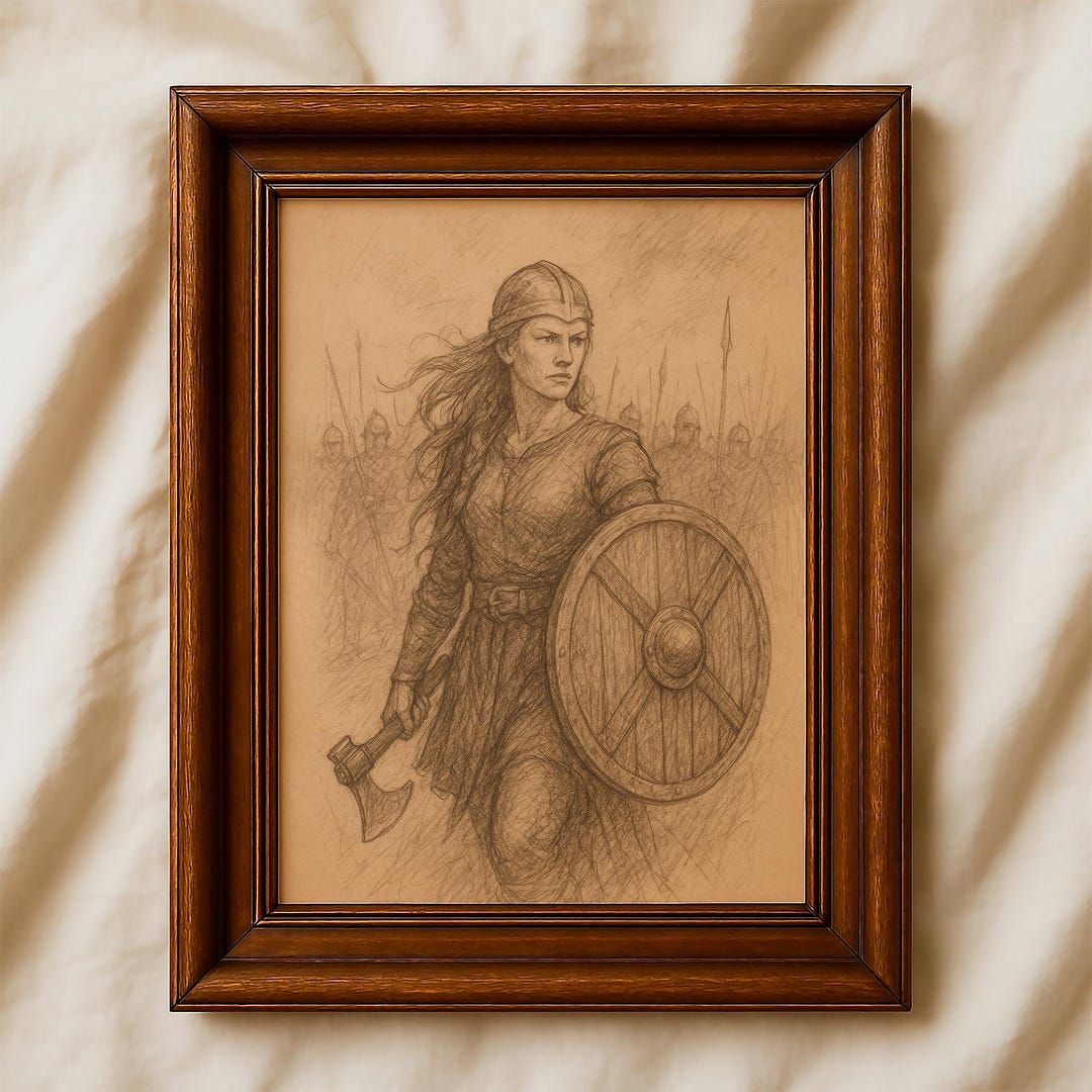 Viking Shieldmaiden Sketch Wall Art Nordic Warrior Woman Print Neutral ...