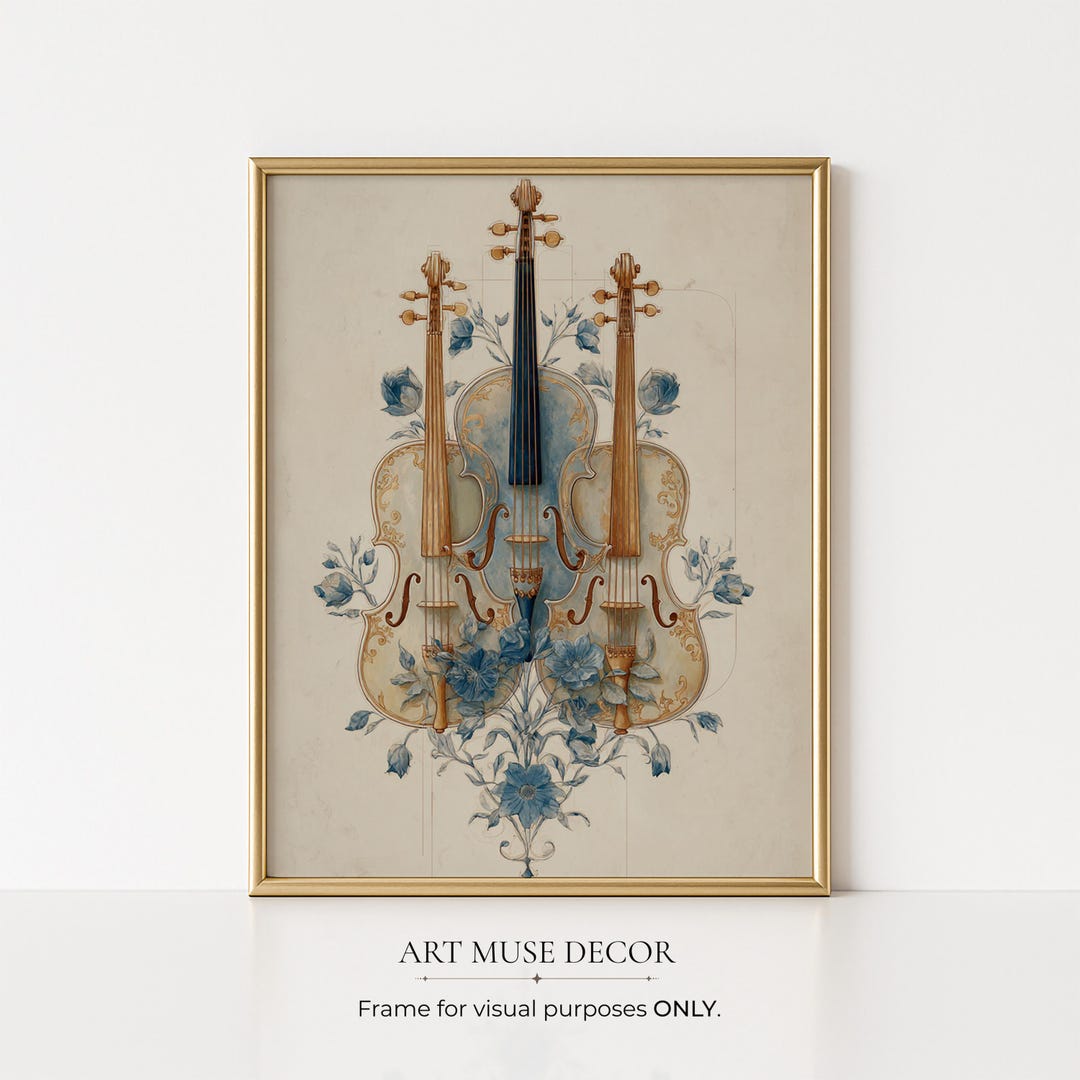Violins Art Print: Blue & Beige Vintage French Country Decor, Floral ...
