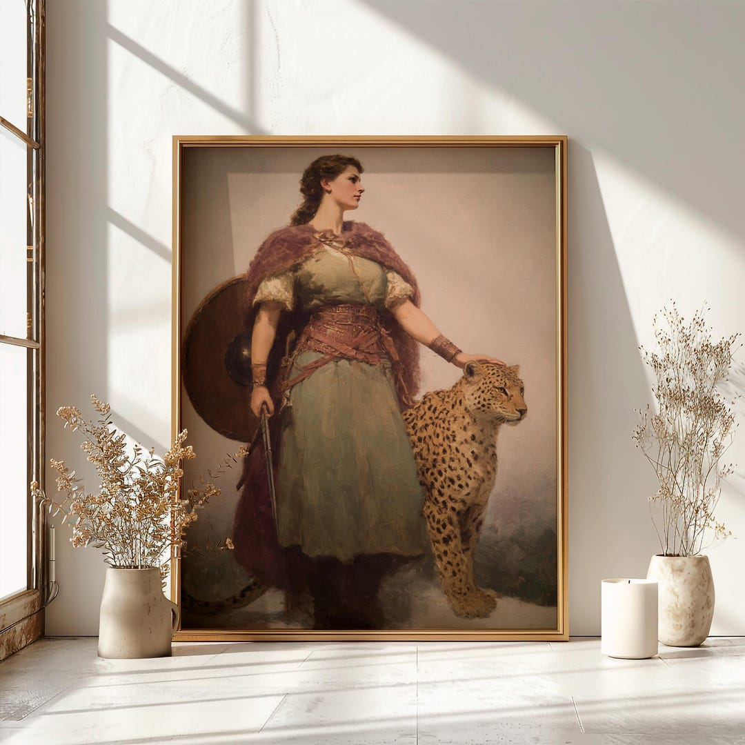 Viking Shieldmaiden and Leopard Feminist Wall Decor Vintage Art Print ...