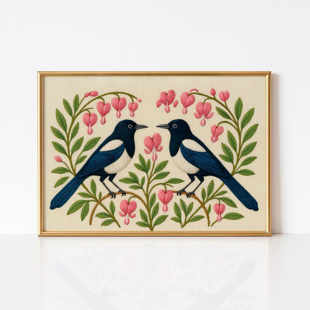Magpie & Bleeding Heart Botanical Print: Vintage Folk Art Illustration ...