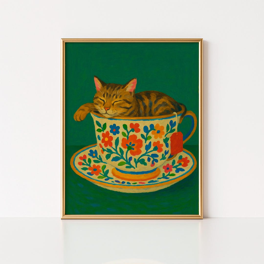 Tabby Cat Teacup Print: Whimsical Folk Art Kitchen Decor - Etsy