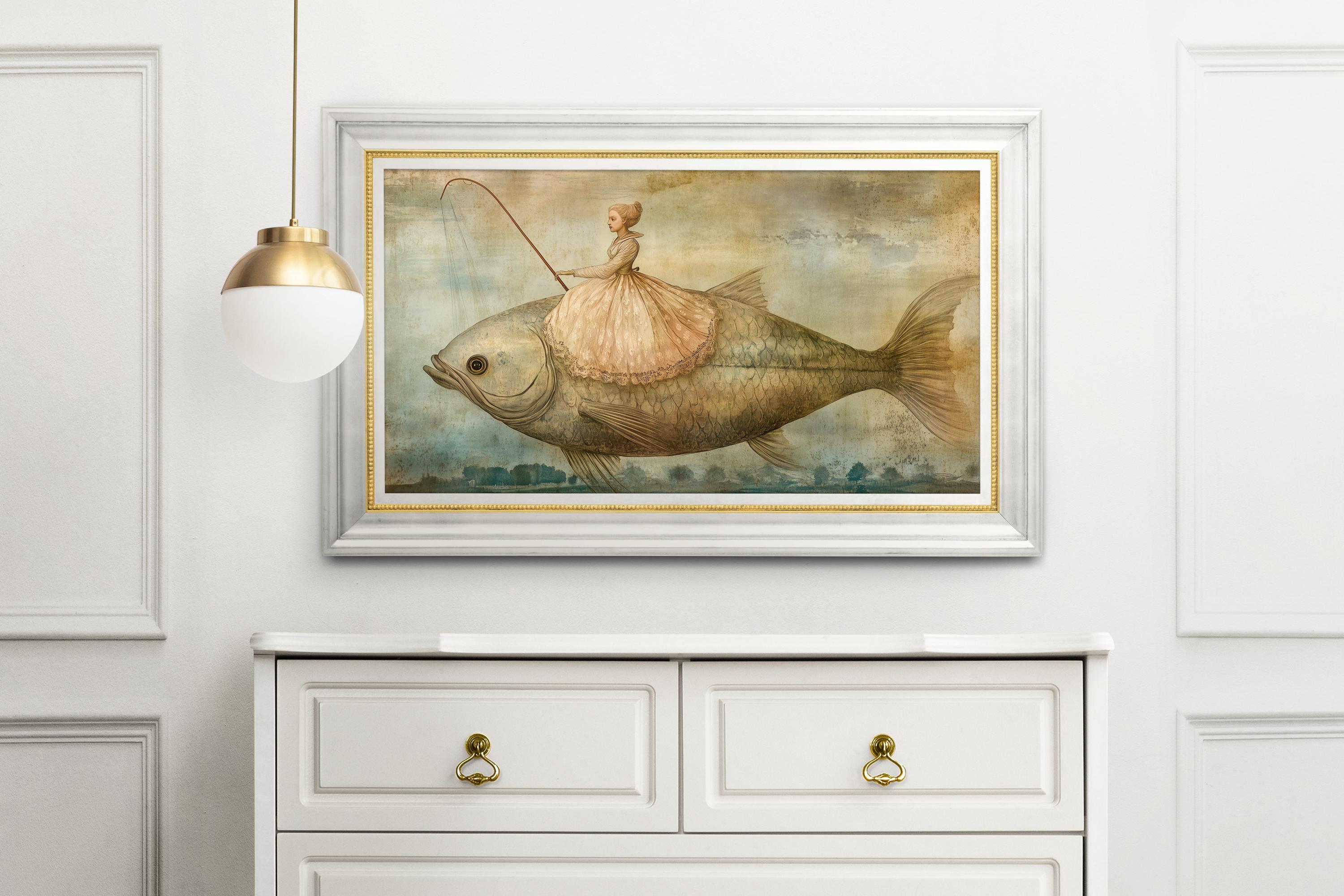 Renaissance Wall Art Woman Riding Fish Hieronymus Bosch Style Digital ...