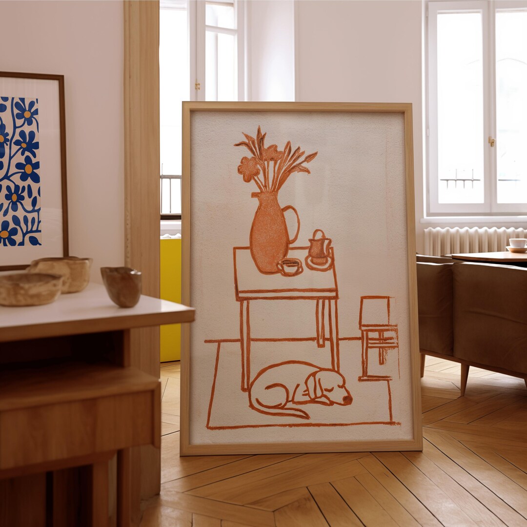 Minimalist Dog & Still Life Line Art Print - Cozy Neutral and Warm Wall ...