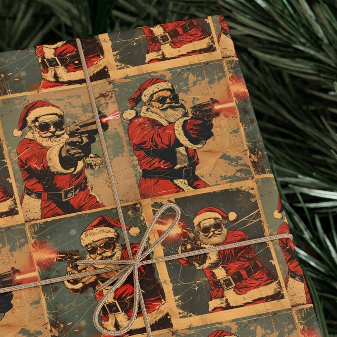 Action Santa Wrapping Paper Christmas Gift Wrap Fun Gift Wrap With ...