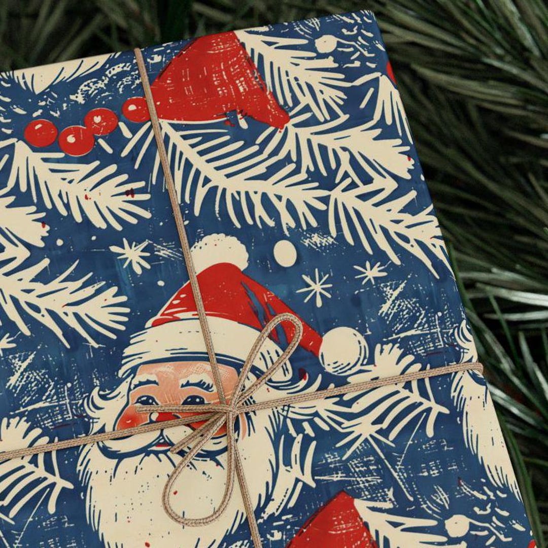 Blue, Vintage Santa Wrapping Paper Block Print Santa Claus Gift Wrap ...