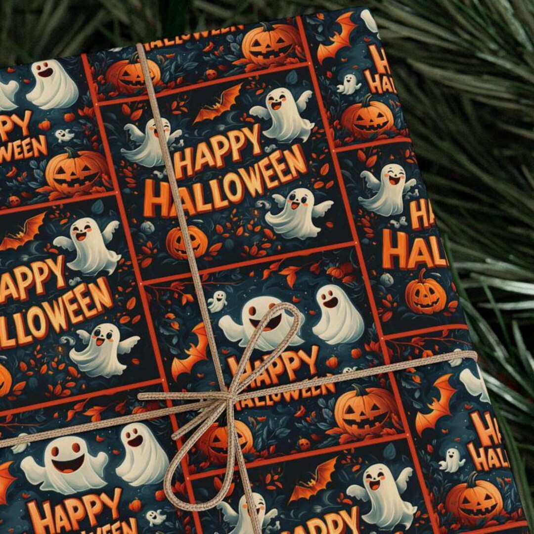 Cute Ghost Wrapping Paper Jack O Lantern Giftwrap Orange Pumpkin Theme ...