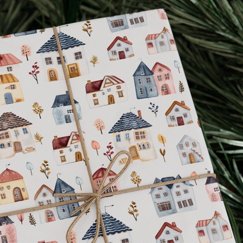Housewarming Wrapping Paper Cottagecore Watercolor Multicolored Houses ...
