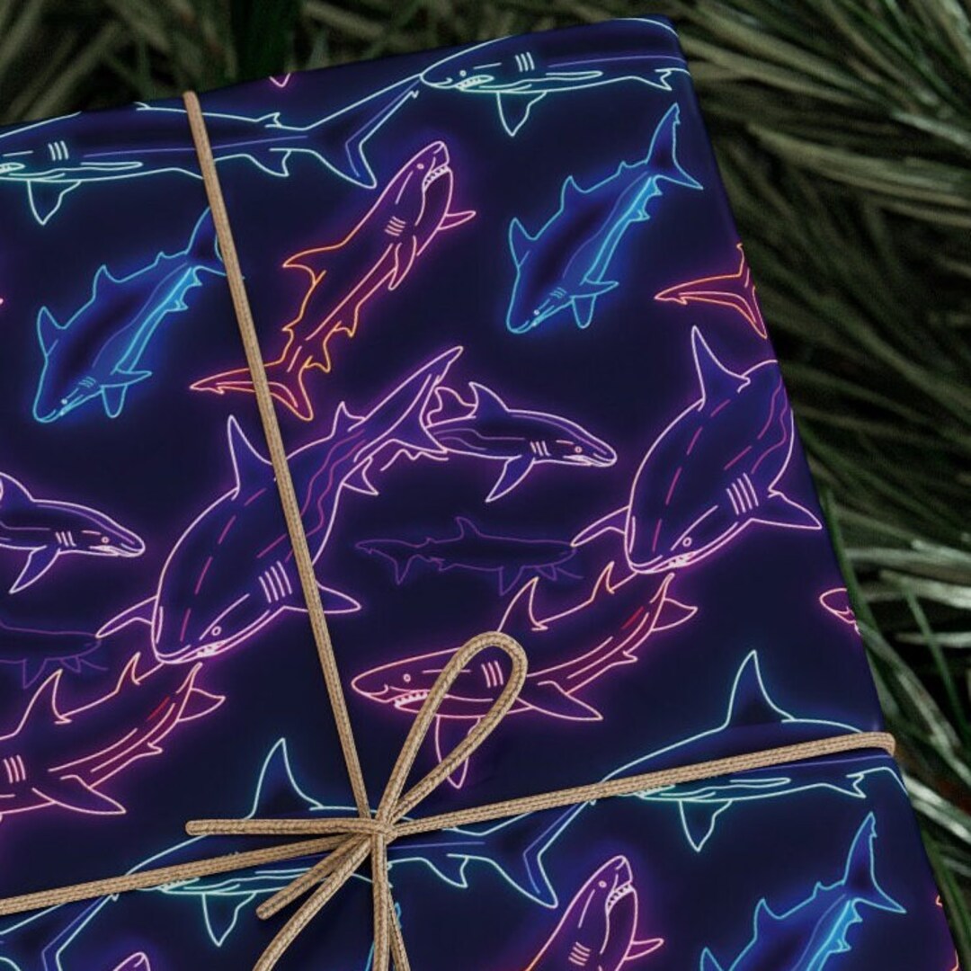 Neon Shark Wrapping Paper Ocean Themed Gift Wrap for Birthday or ...