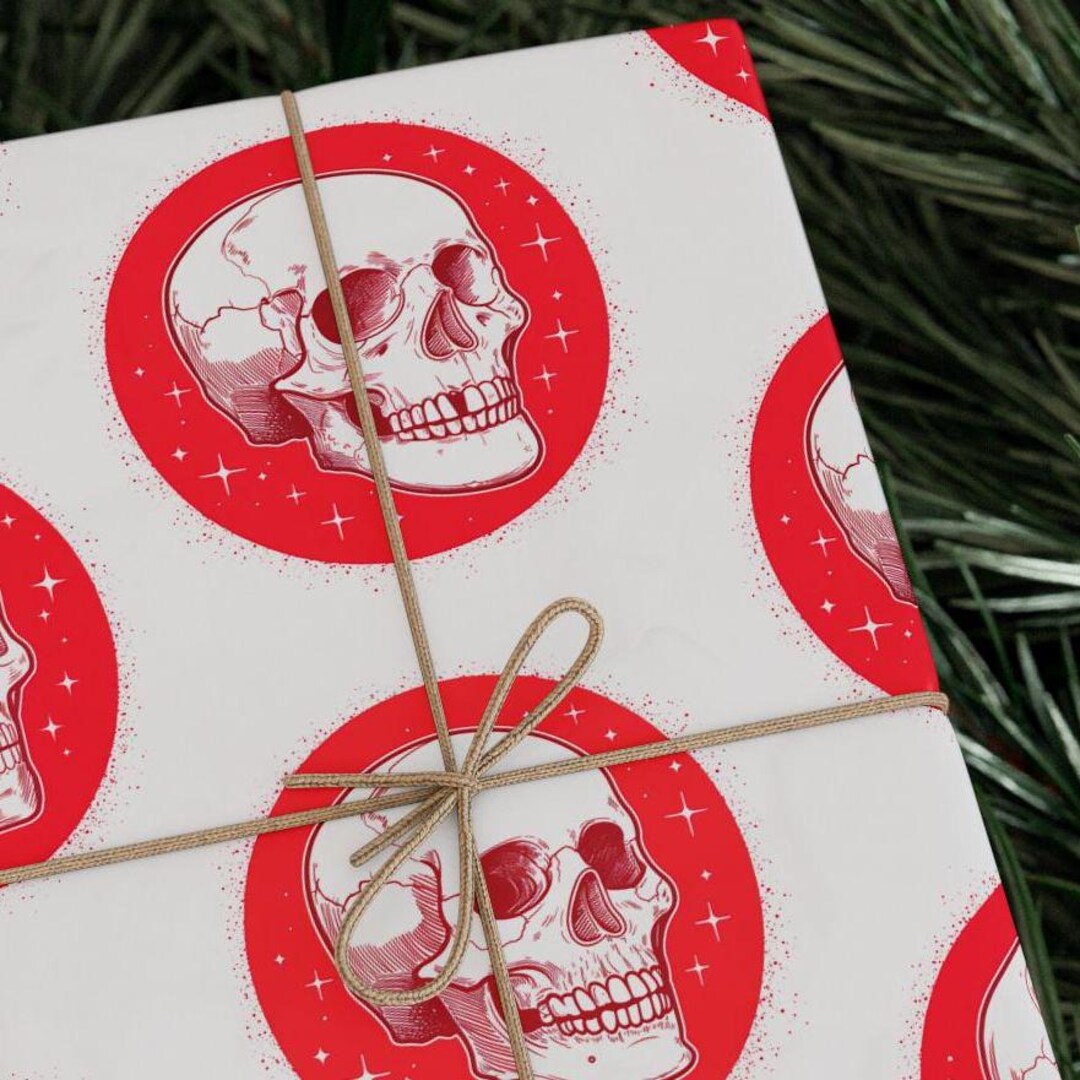 Skull Wrapping Paper, Alternative Pink Red White Gift Wrap, Tattoo ...