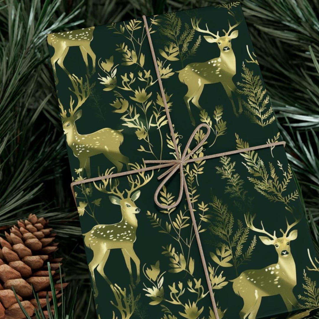 Wrapping Paper, Woodland Deer Gift Wrap, Green Forest Animal Design ...