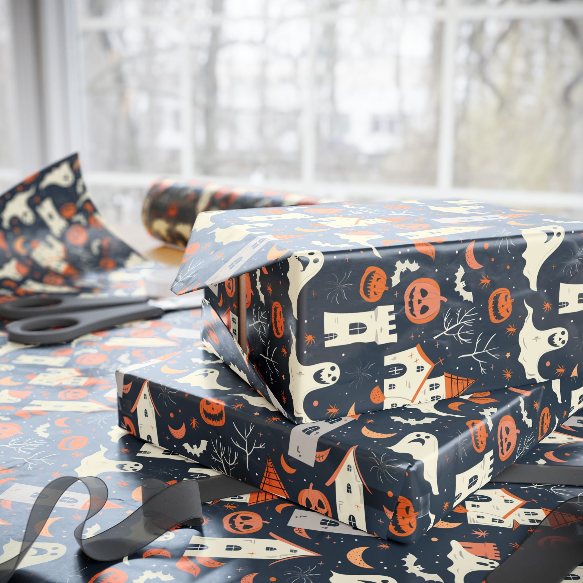 Halloween Gift Wrapping Paper Pumpkin Gift Wrap for Fall Presents Ghost ...