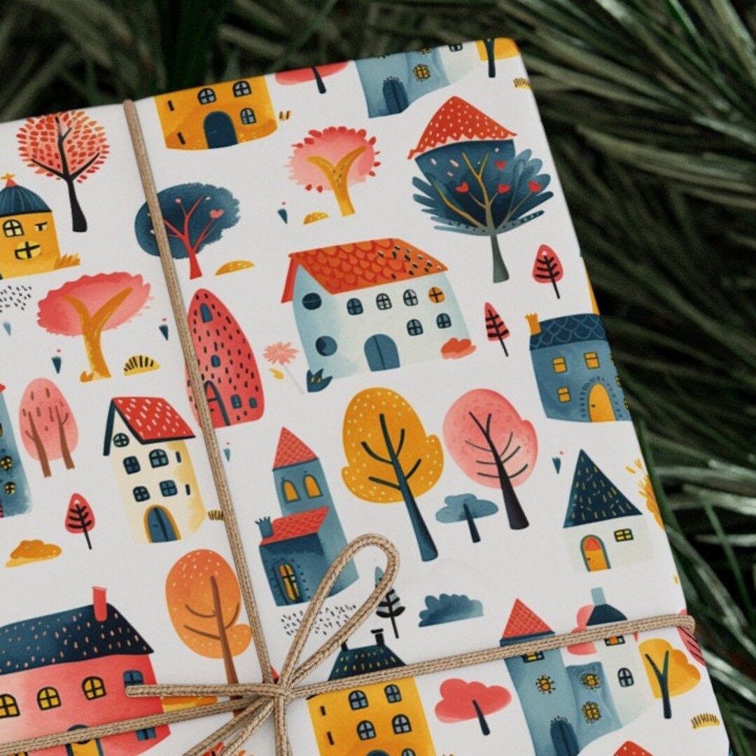 Wrapping Paper, Watercolor Houses Cottagecore Design Housewarming Gift ...