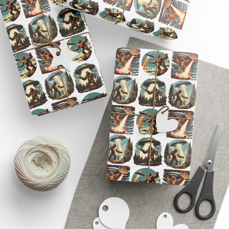 Bigfoot Alien Spaceship Wrapping Paper Fun Birthday Present Wrapping or ...