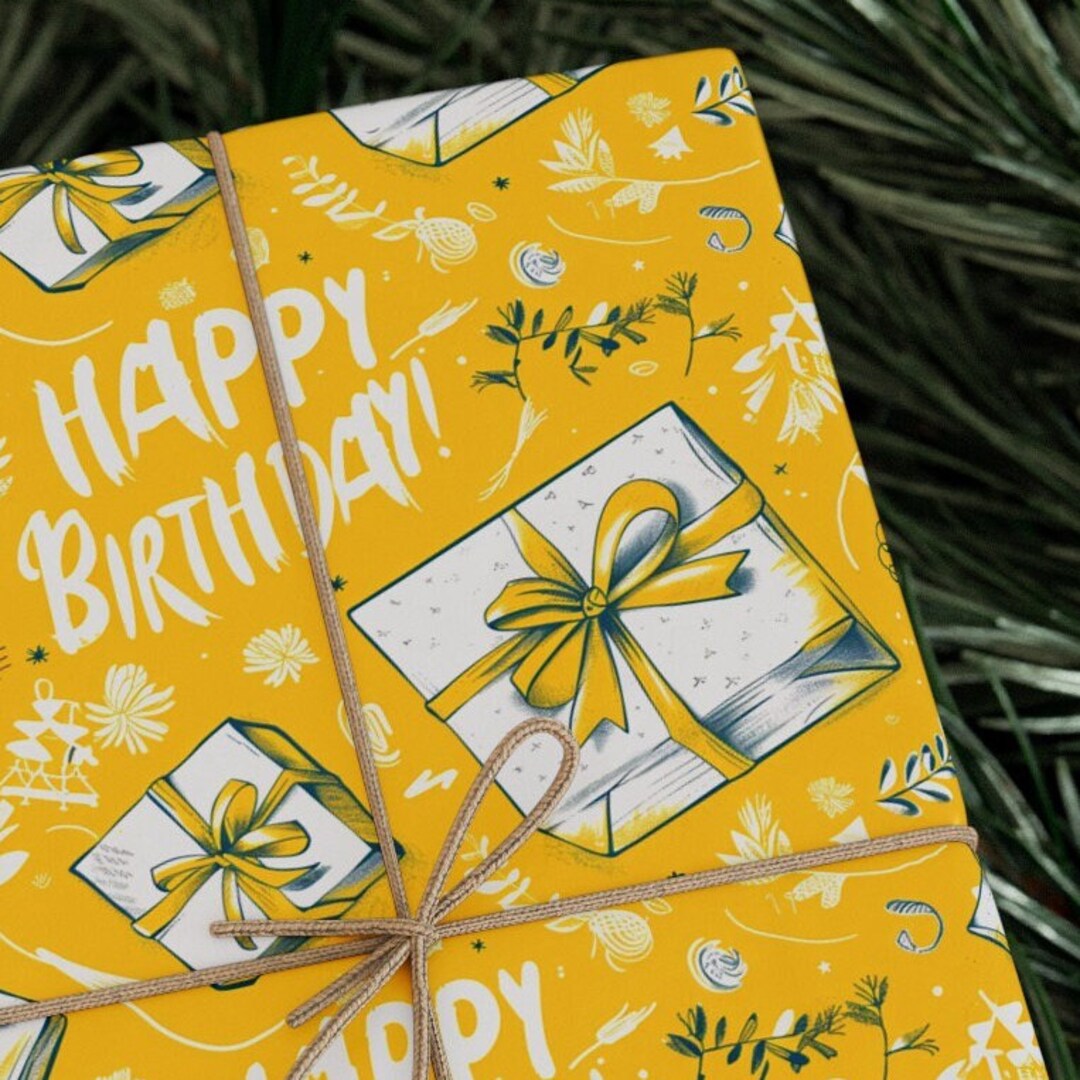 Yellow Birthday Wrapping Paper, Gift Box Design, Fun & Festive ...