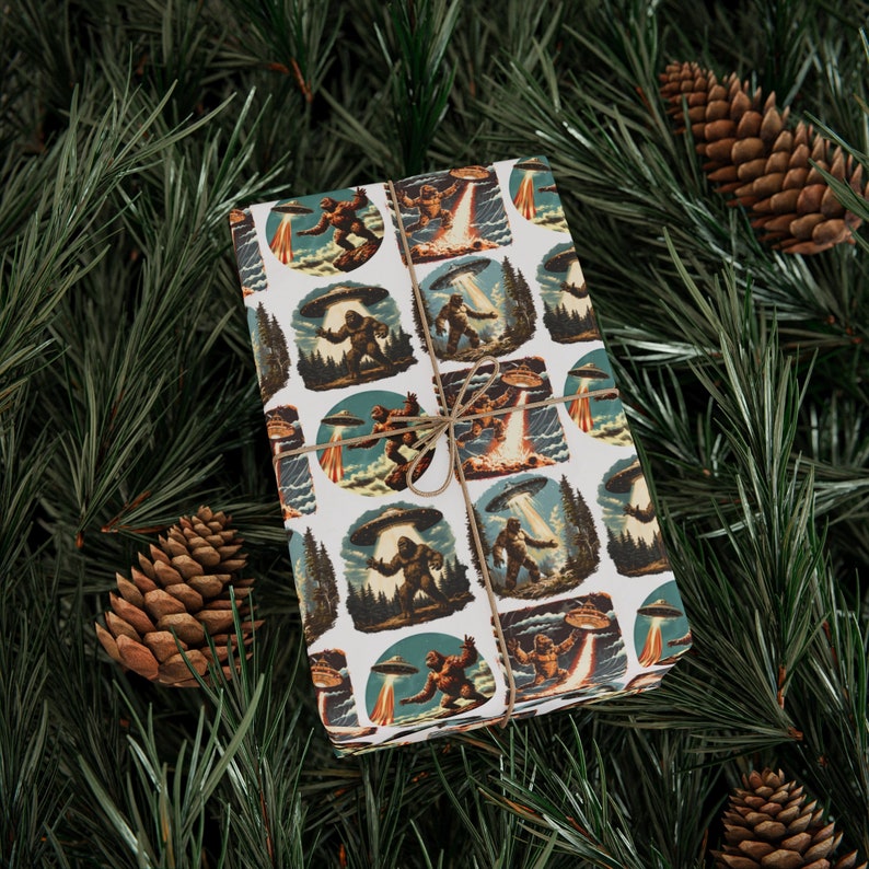 Bigfoot Alien Spaceship Wrapping Paper Fun Birthday Present Wrapping or ...