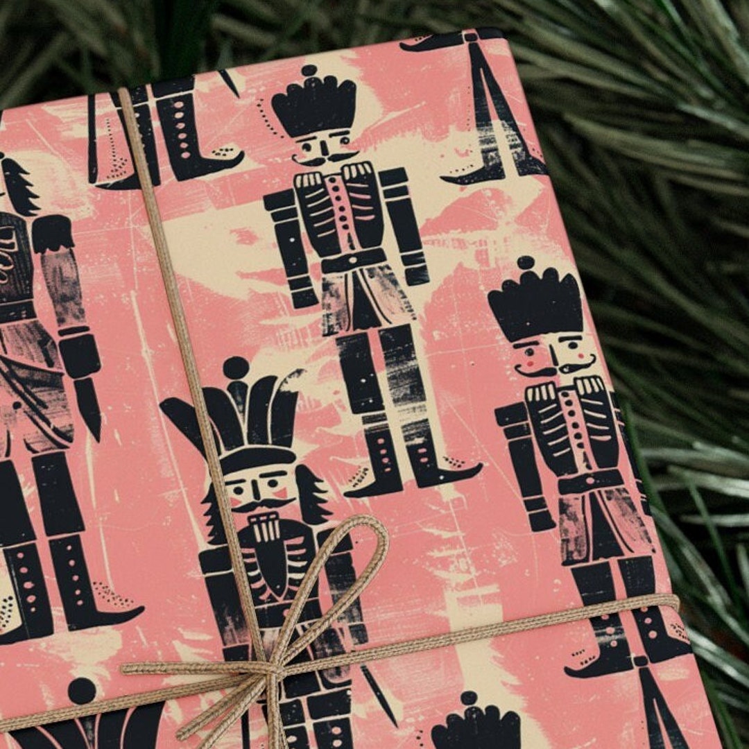 Pink Nutcracker Wrapping Paper Vintage Pink Ink Block Print Nutcrackers ...
