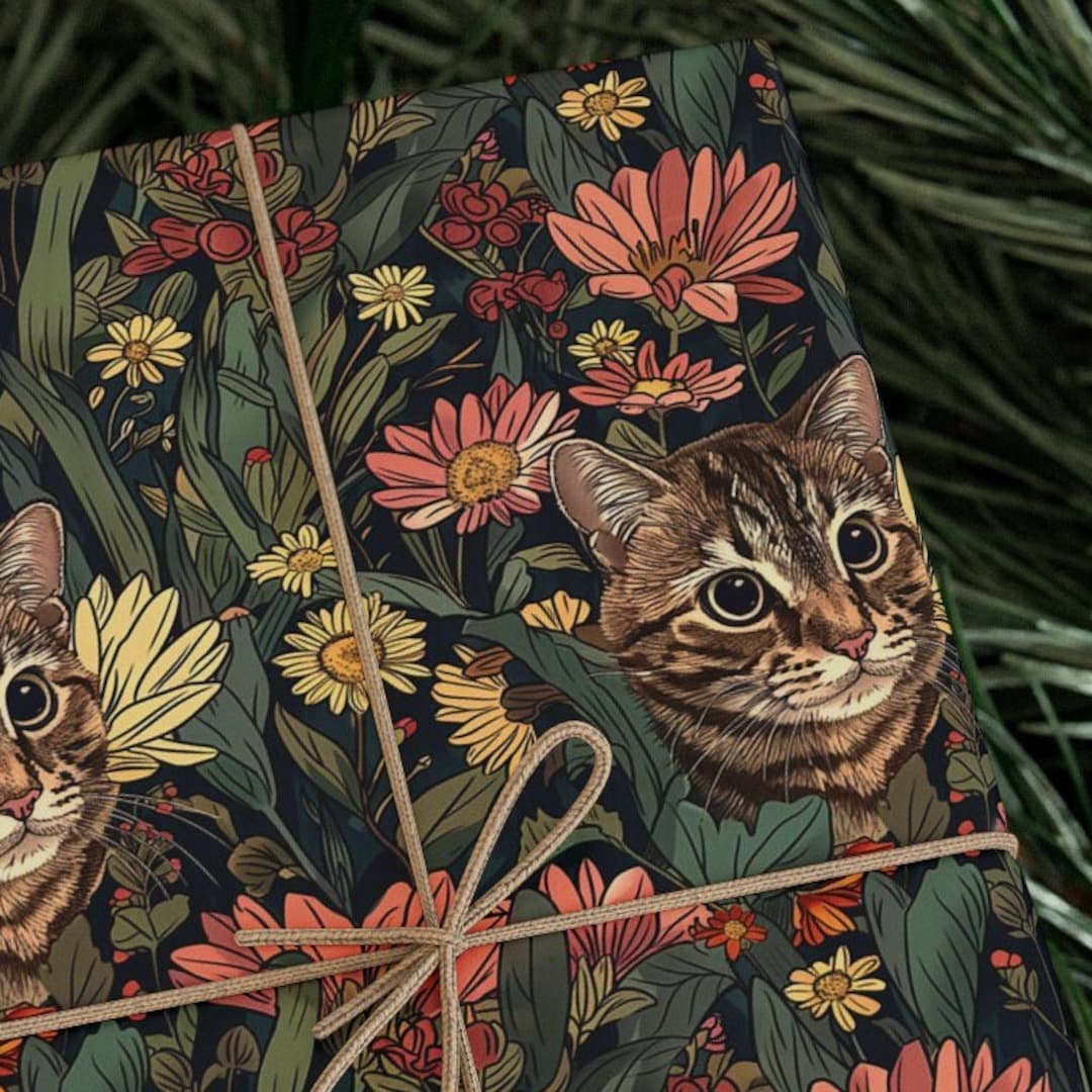 Cat Flowers Gift Wrapping Paper Cute Cat Gift Wrap for Cat Owners & Cat ...