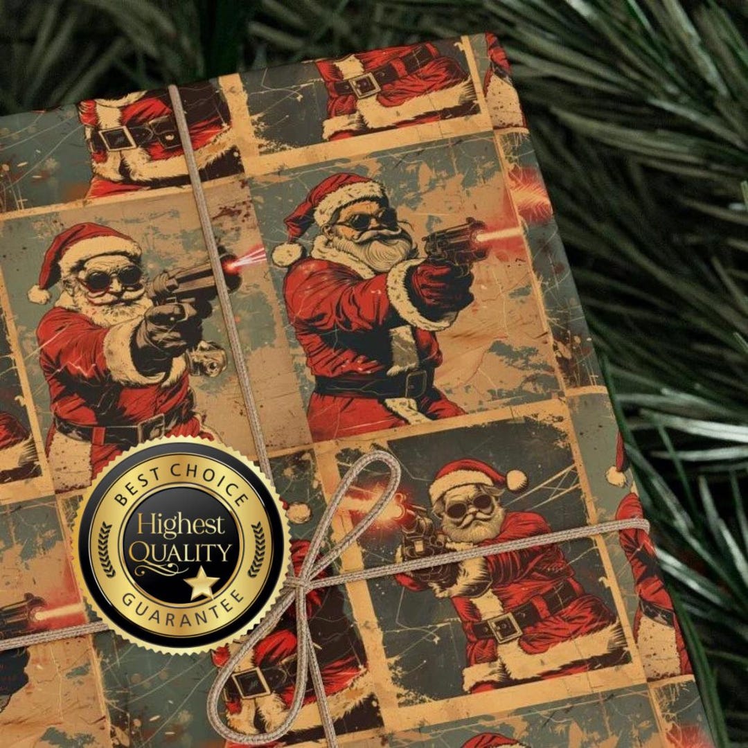 Action Santa Wrapping Paper Santa Shooting Laser Guns Funny Santa ...