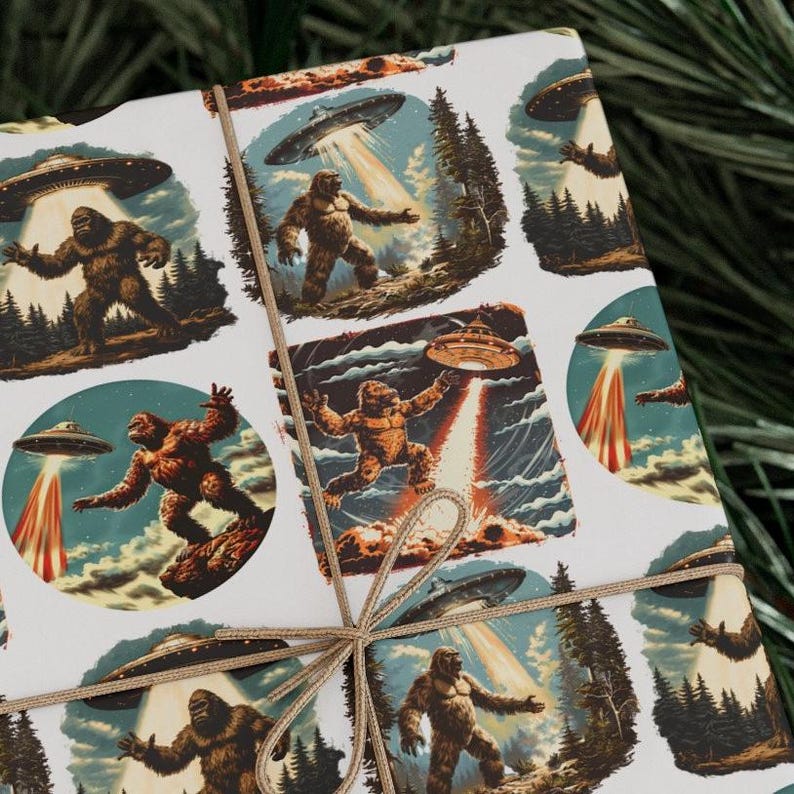 Bigfoot Alien Spaceship Wrapping Paper Fun Birthday Present Wrapping or ...