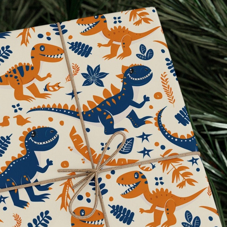 T-rex Dinosaur Gift Wrap Kids' Birthday Gift Wrap Fun Cartoon Design ...