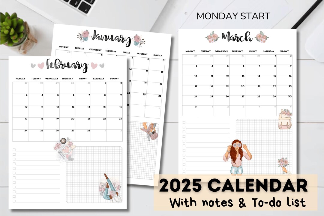 2025 Monthly Seasonal Calendar Printable With To-do List and Notes, Mon ...