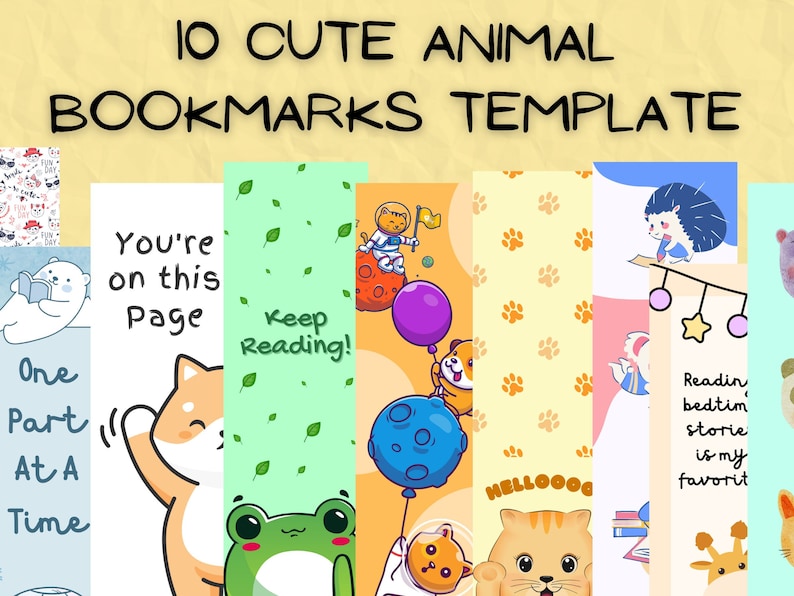Set of Cute Animal Bookmarks Template Printable - 10pcs | Bookmarks for ...
