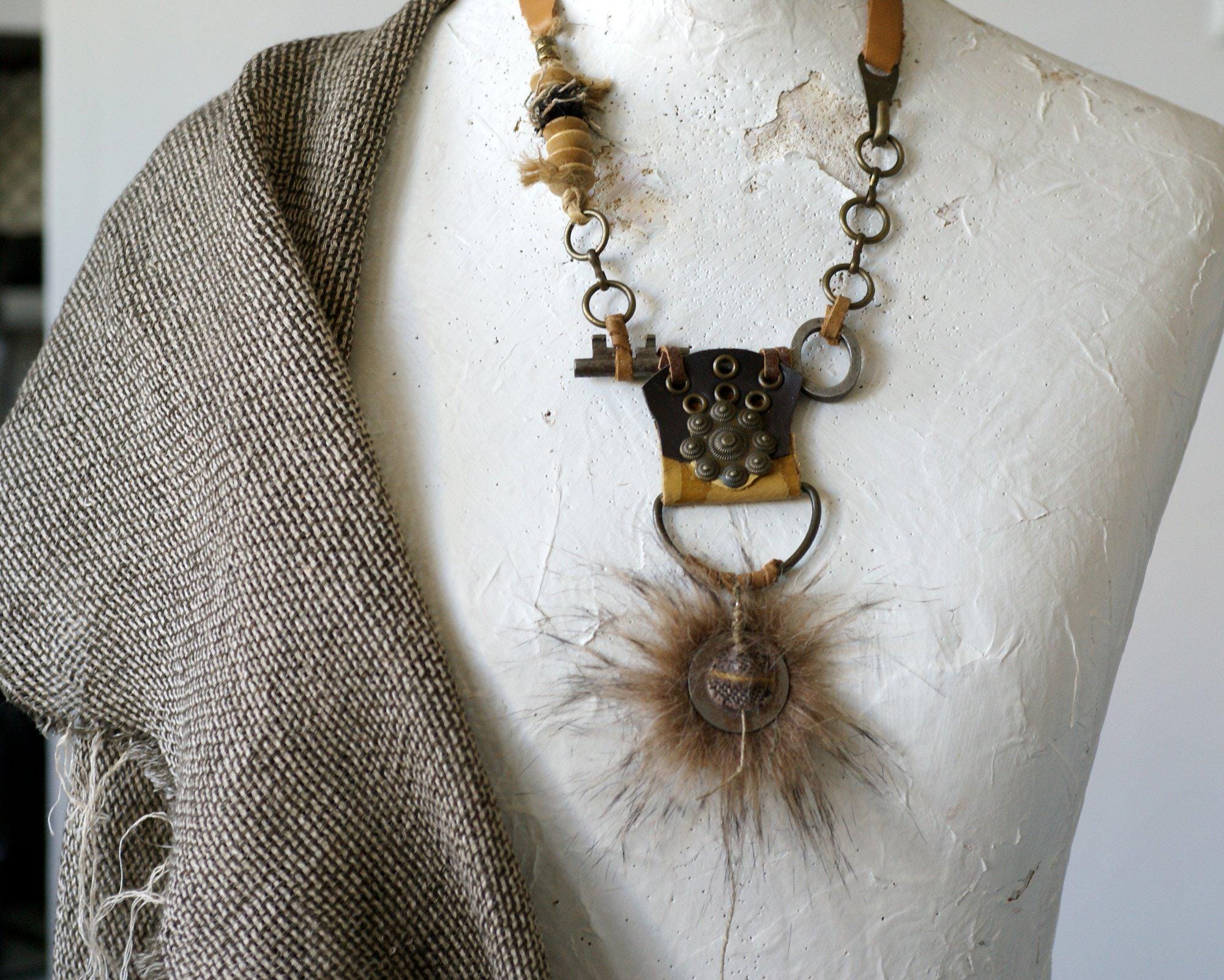 Industrial Hardware Tribal Necklace: Leather, Linen, Hemp, Vintage Key ...