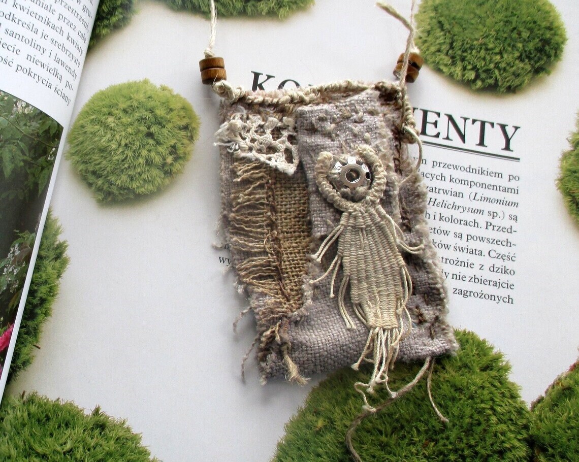 Fabric Amulet Necklace, Art Wearable Necklace, Shaman Necklace, Tribal ...