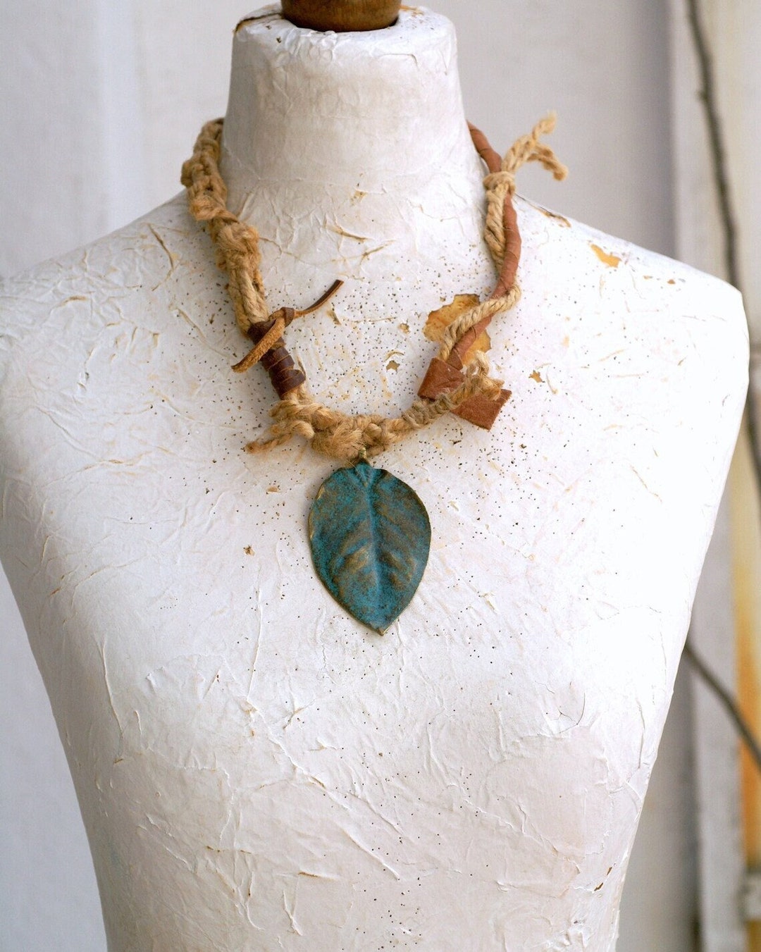 Big Leaf Turquoise Patina Necklace, Choker - Brass Leaf With Hemp Cord ...
