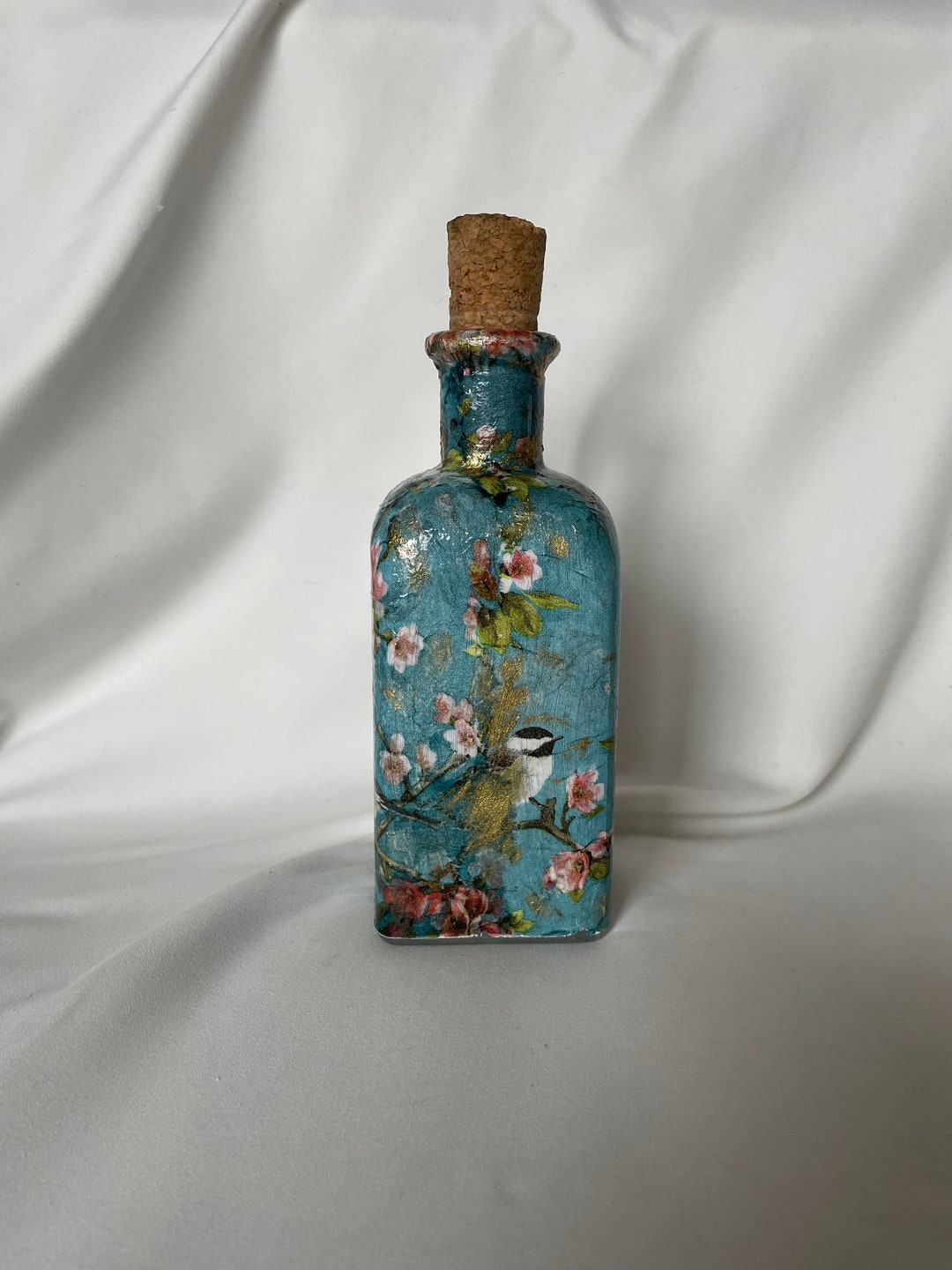 Decoupaged Small Unique Glass Bottle With Floral Blue Print, Pink ...