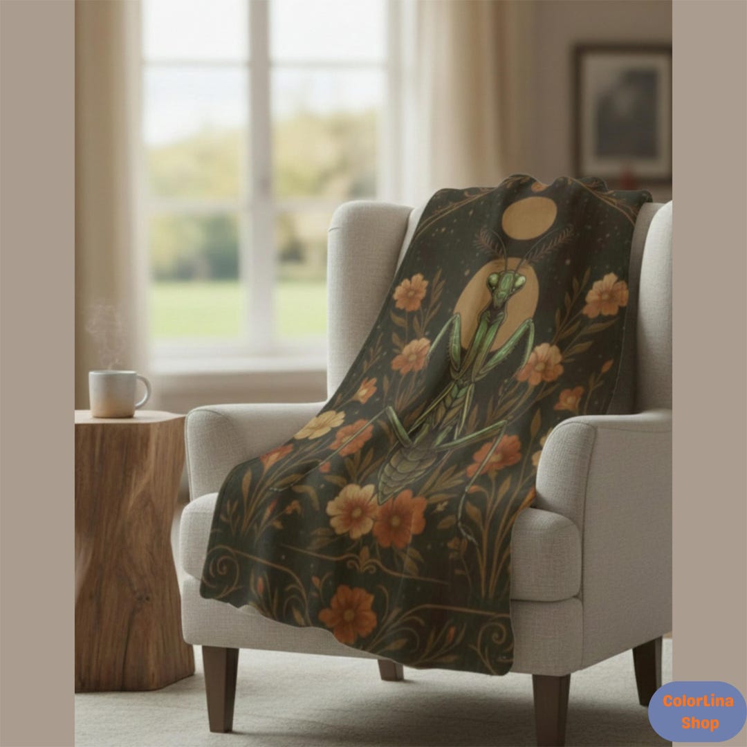 Boho Praying Mantis Woven Throw, Celestial Floral Blanket, Gothic ...