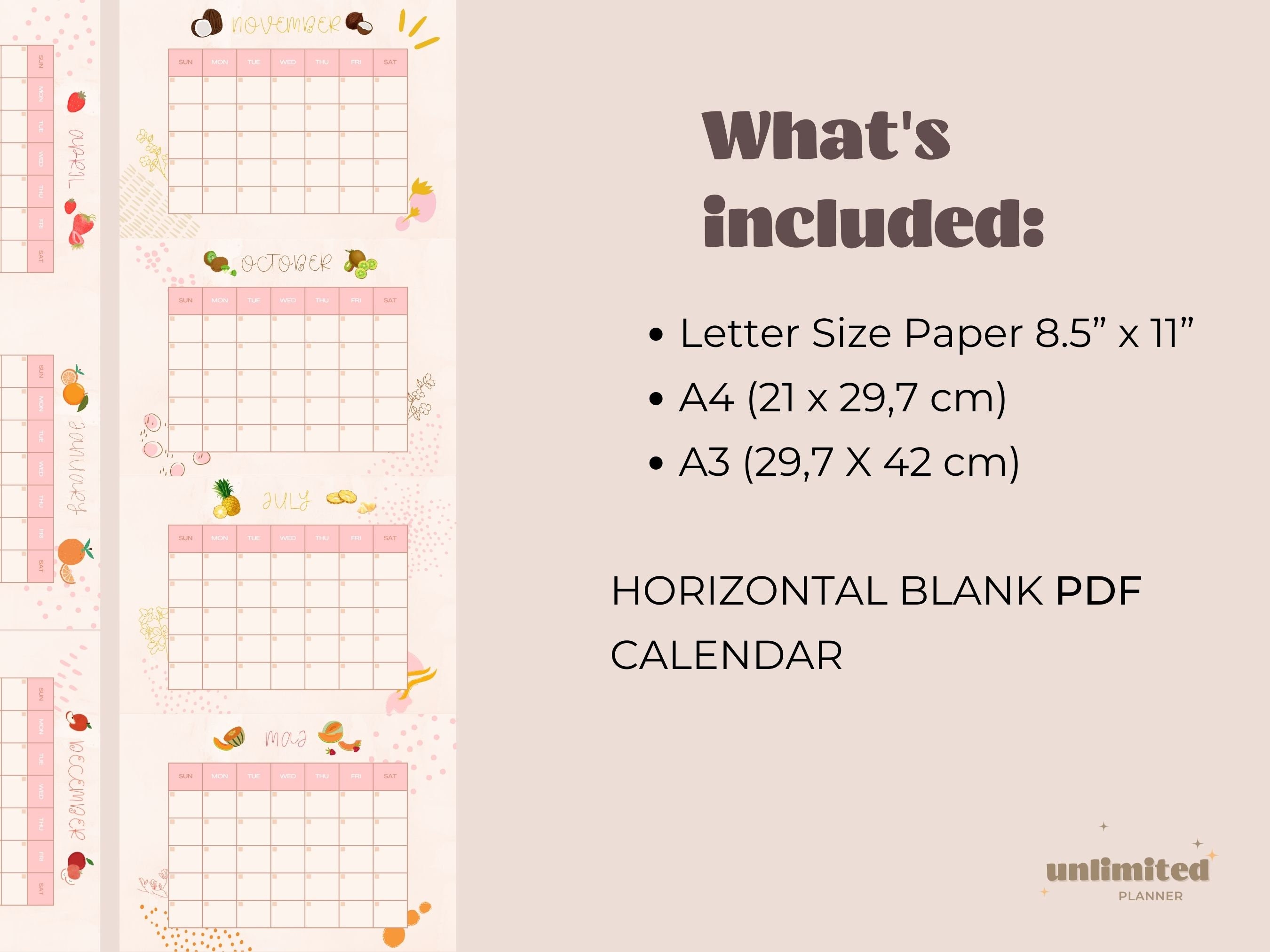 Printable Yearly Calendar A3 Printable Calendar Monthly Blank Calendar ...