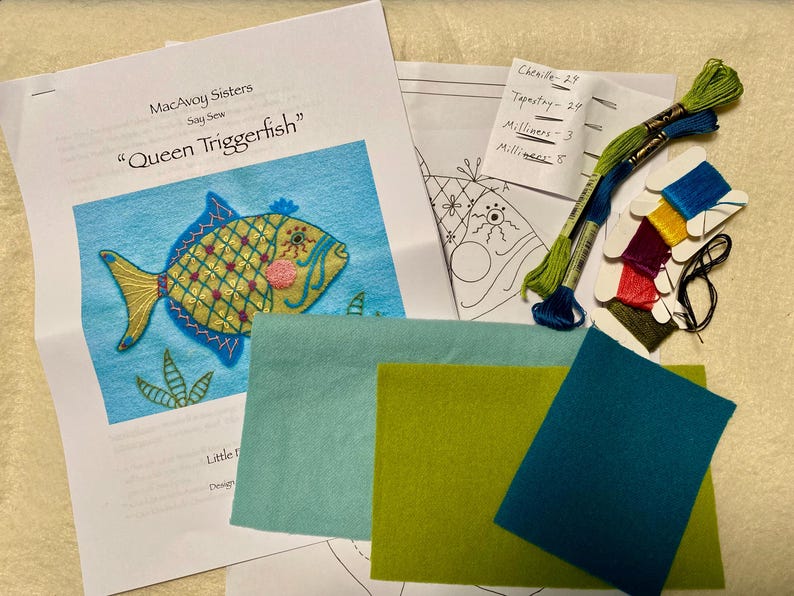Queen Triggerfish Kit Wool Appliqué With Embroidery Materials and ...