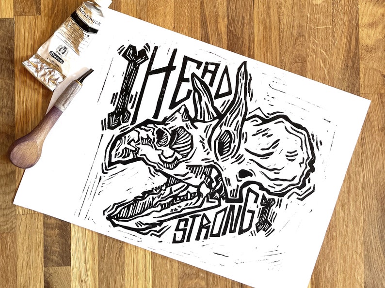 Dinosaur Skull Handmade Linocut Print | A4 Size | Triceratops ...