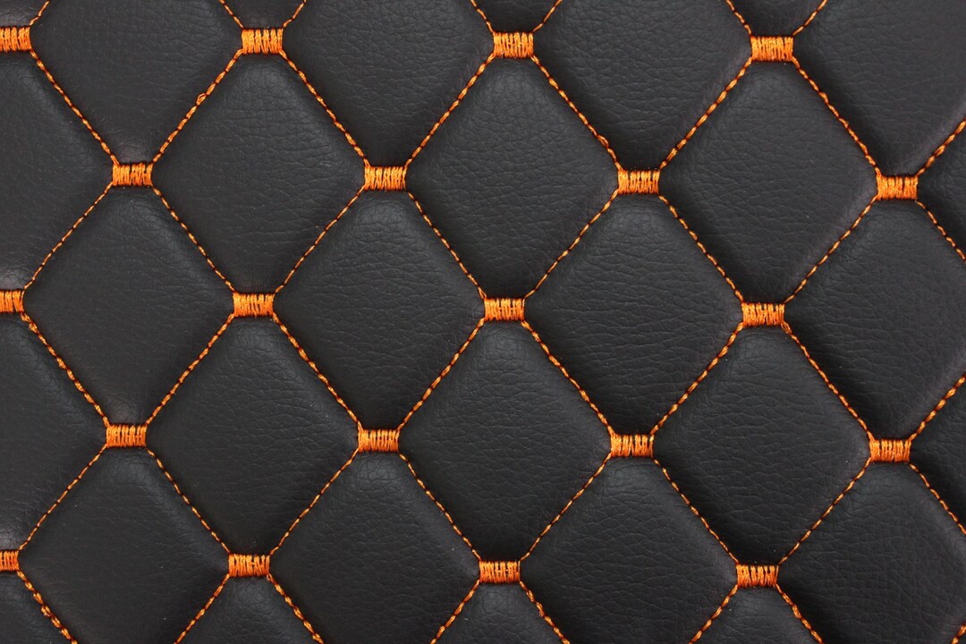 Orange Quilted Black Vinyl Faux Leather Car Upholstery Fabric | 2"x2 ...