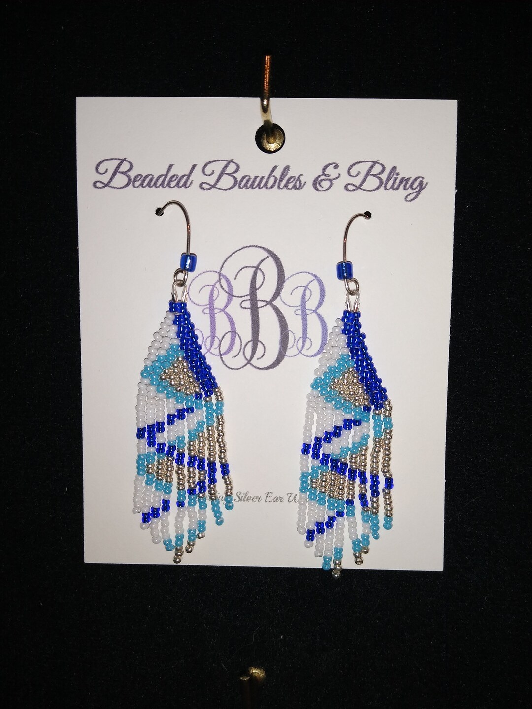 Blue Ribbons on White & Silver Seed Bead Earrings - Etsy