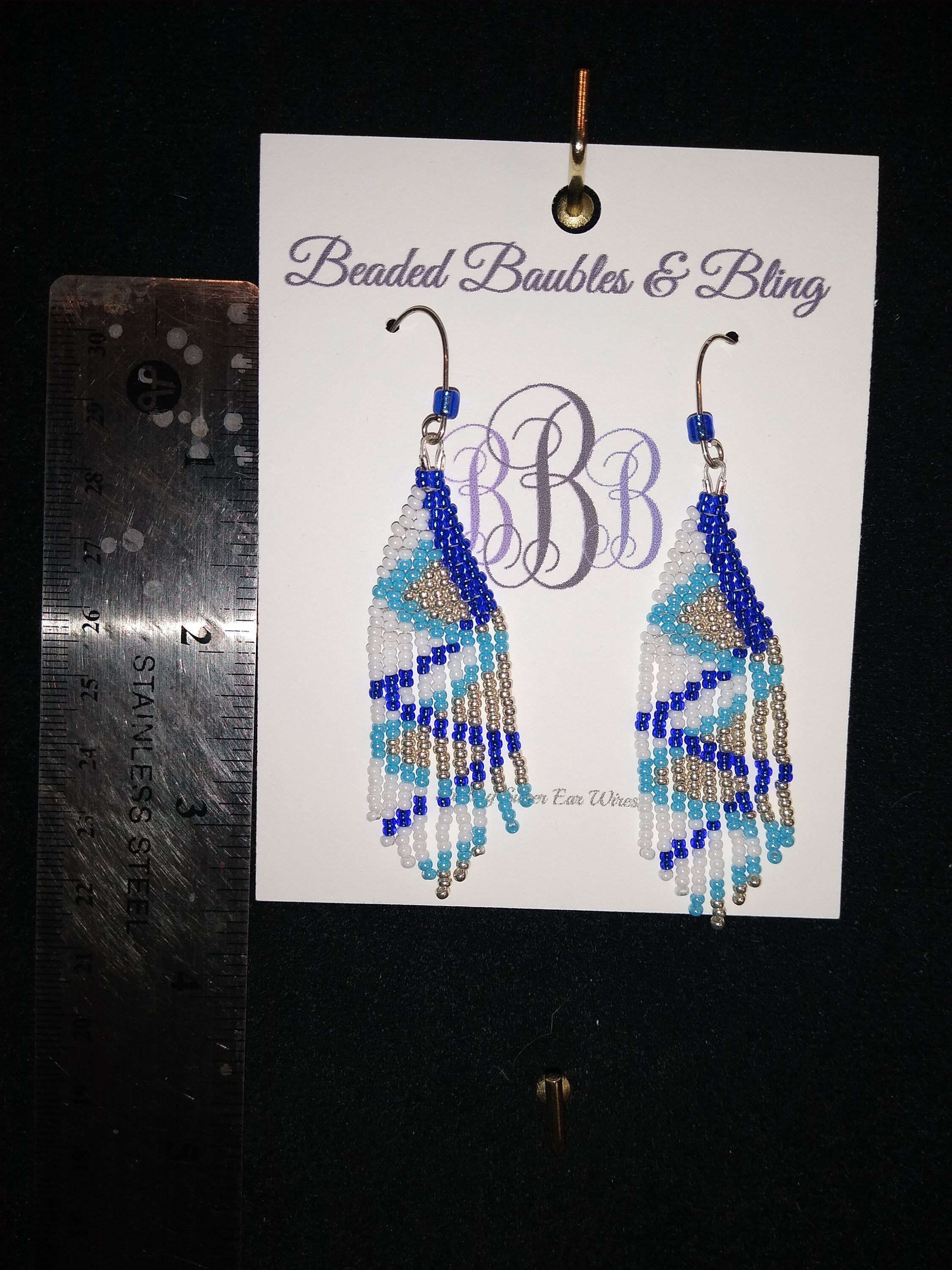 Blue Ribbons on White & Silver Seed Bead Earrings - Etsy